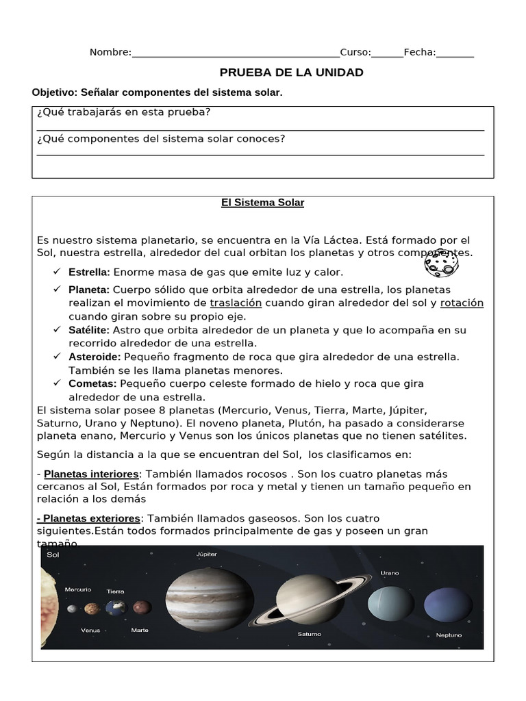 Prueba Del Sistema Solar | PDF