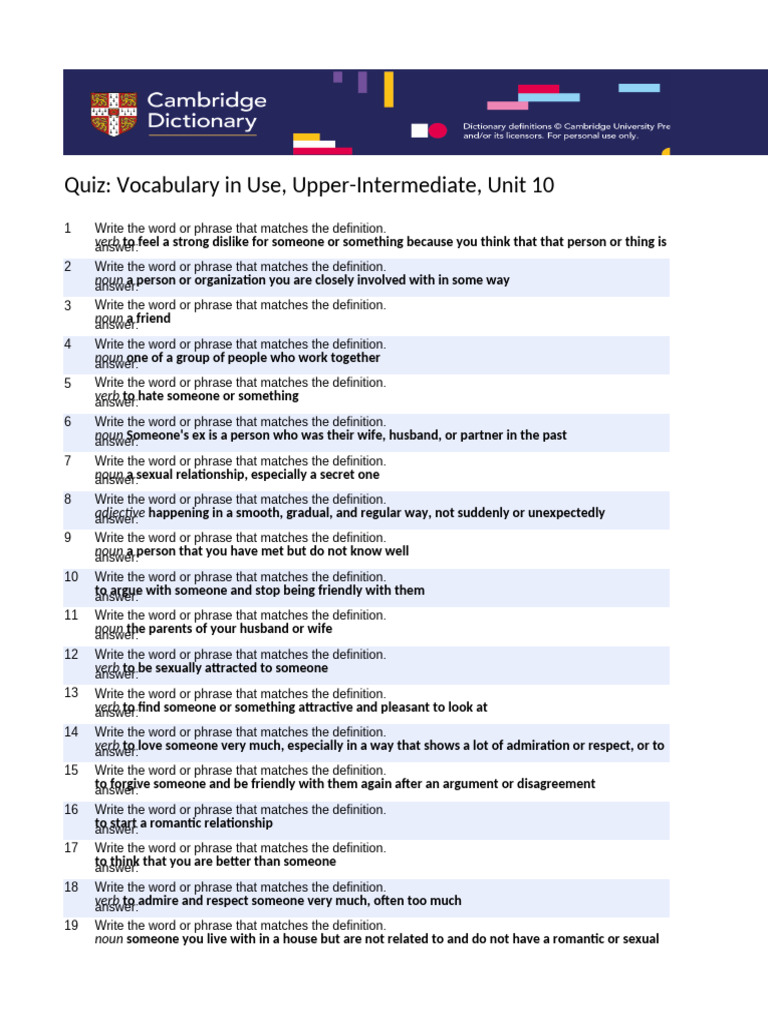 Quiz-Vocabulary in Use, Upper-Intermediate, Unit 10 | PDF