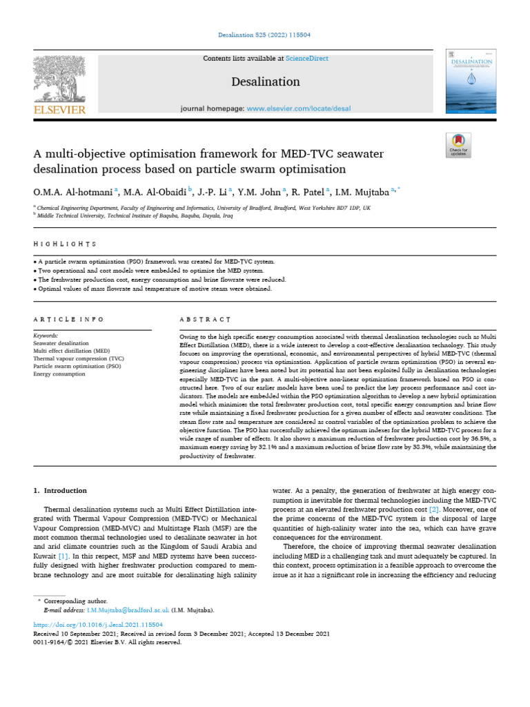 A Multi Objective Optimisation Framework For Med Tvc Seawater Pdf