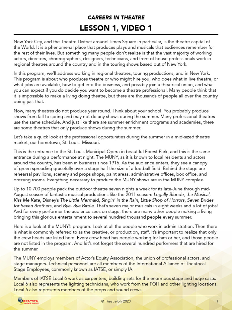 Drama Teacher Academy Technical Theatre Program 9 Transcripts Lesson 1 Video 1 | PDF