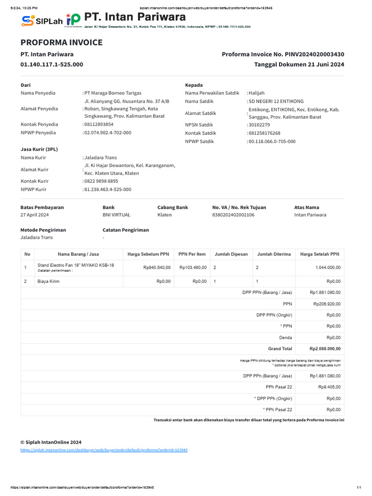Invoice Kipas THP 1 INTAN | PDF