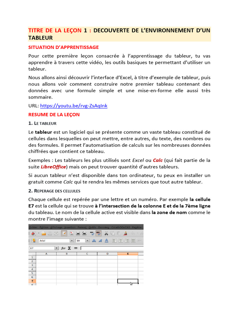 DECOUVERTE DE L’ENVIRONNEMENT D’UN TABLEUR 4e | PDF