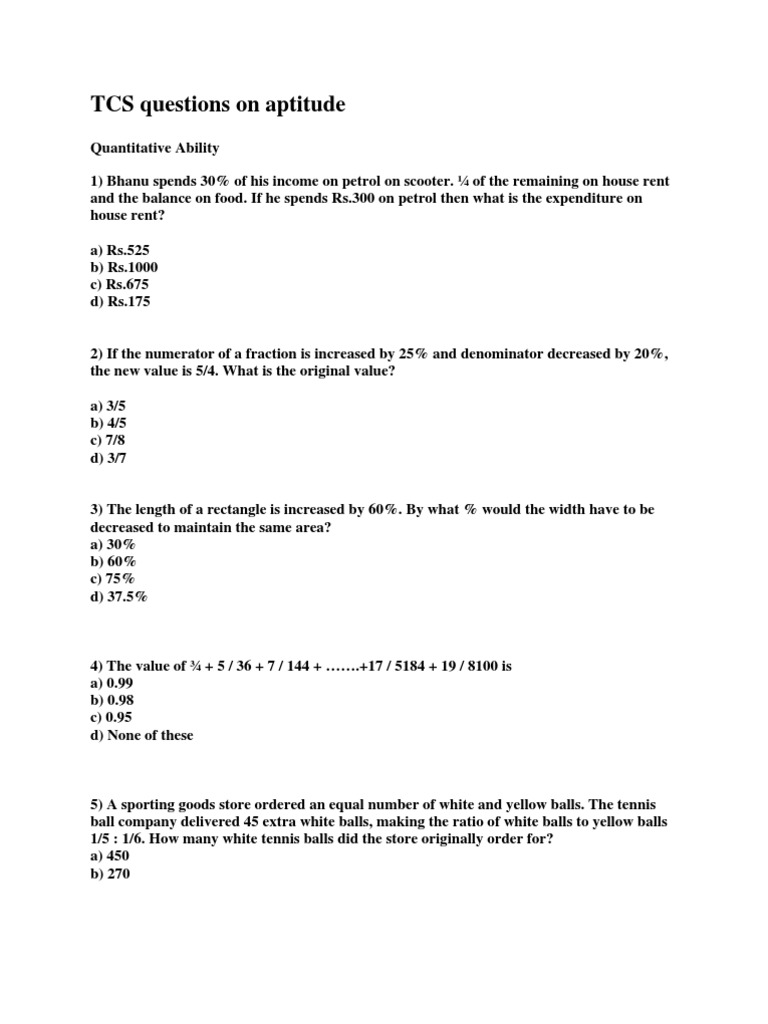 TCS Questions On Aptitude | PDF | Fraction (Mathematics) | Teaching ...