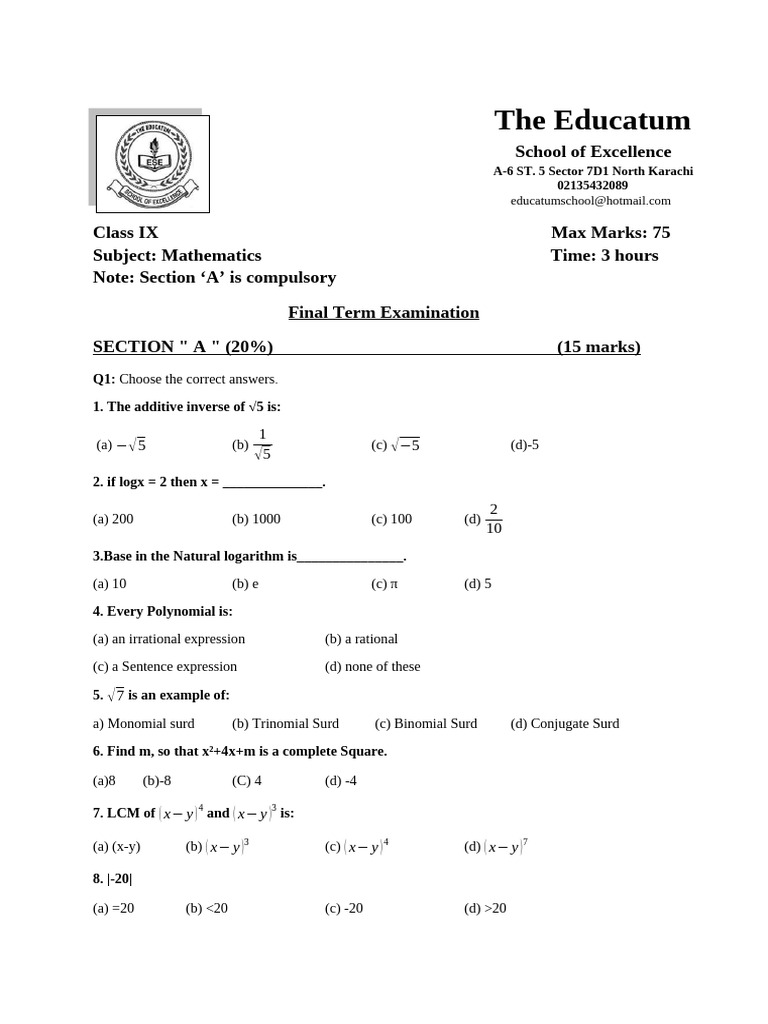 The Educatom Maths Class 9 | PDF