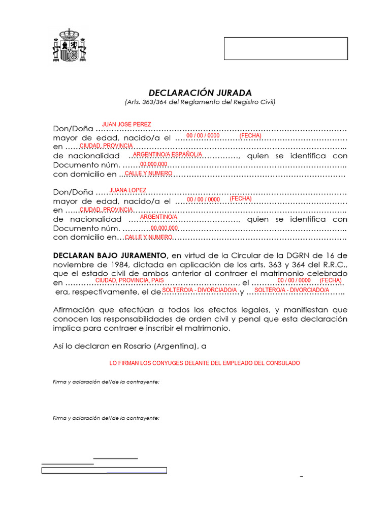 EJEMPLO Declaración Jurada Estado Civil | PDF | Divorcio | Matrimonio
