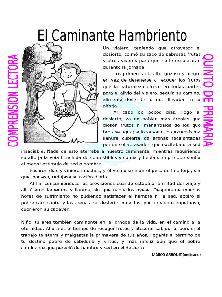 Ficha El Caminante Hambriento para Quinto de Primaria | PDF