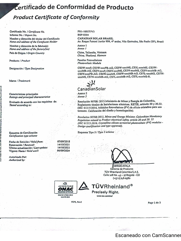 Cert Canadian Solar | PDF