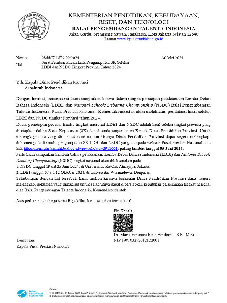 Surat Pemberitahuan Link Pengumpulan SK Seleksi LDBI, NSDC Tingkat Provinsi Tahun 2024 | PDF