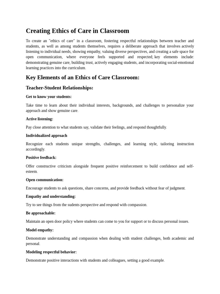 Creating Ethics of Care in Classroom | PDF | Teachers | Learning