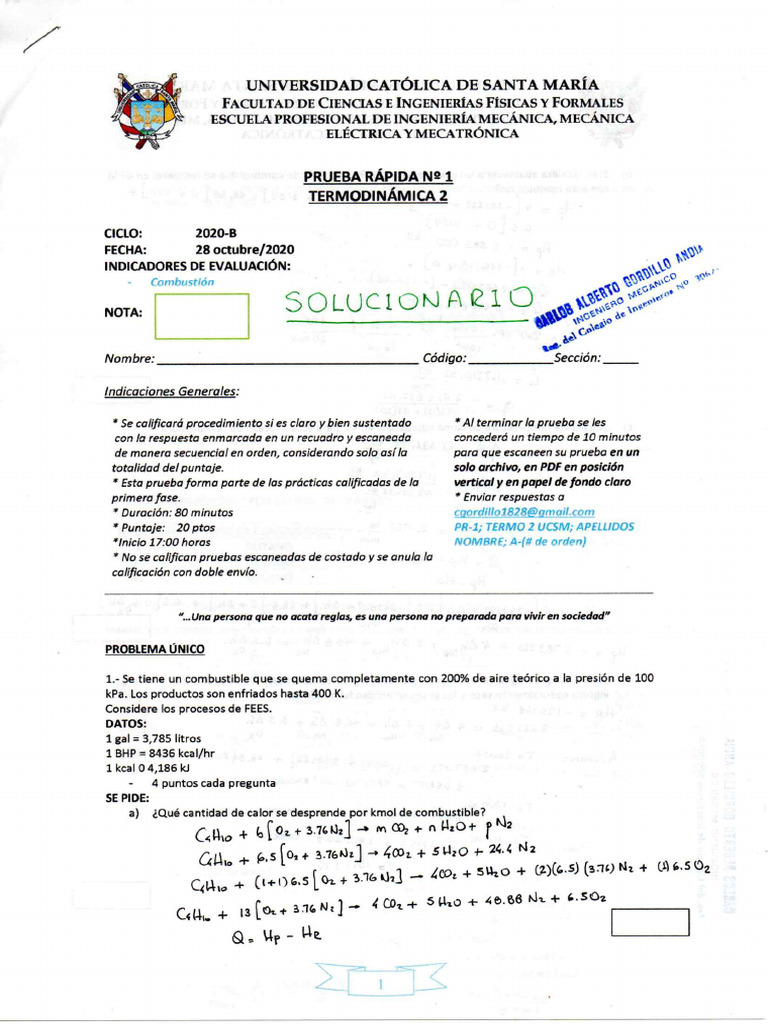 Solucionario Pr-01 Termodinamica II Ucsm 2020-Par | PDF