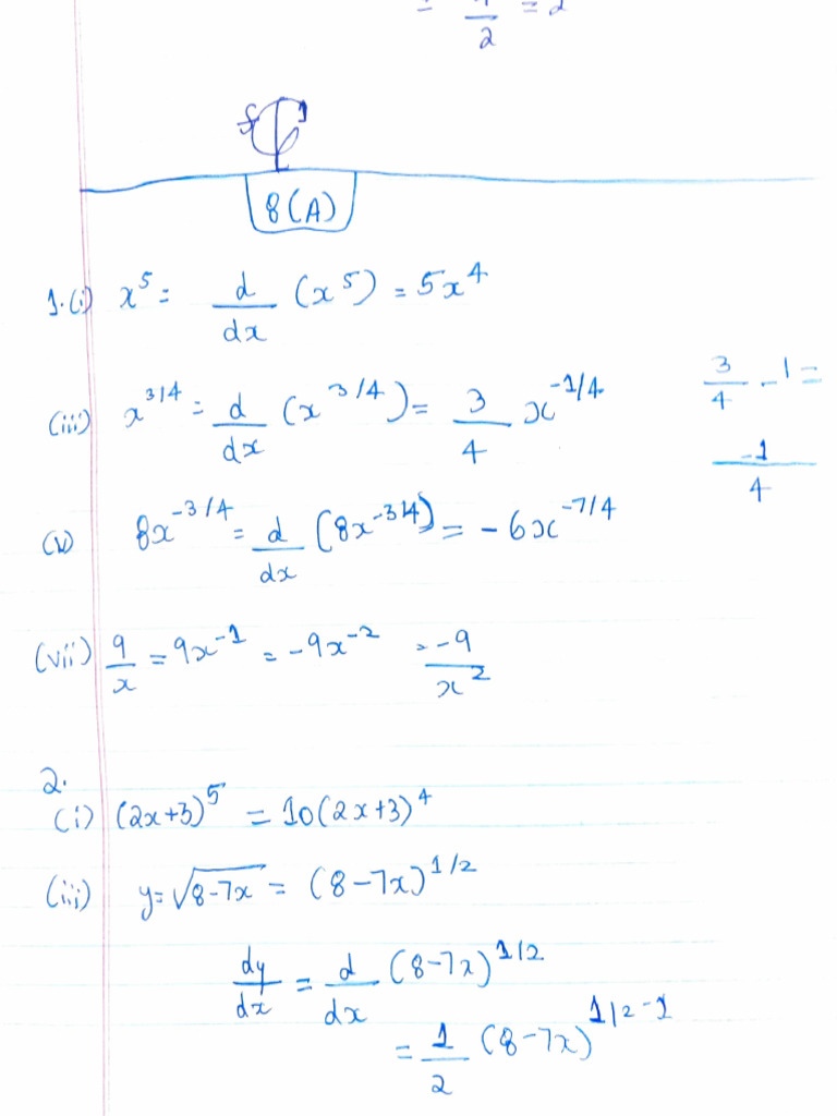 Differentiation ISC Class 12 exercise 8(A) | PDF
