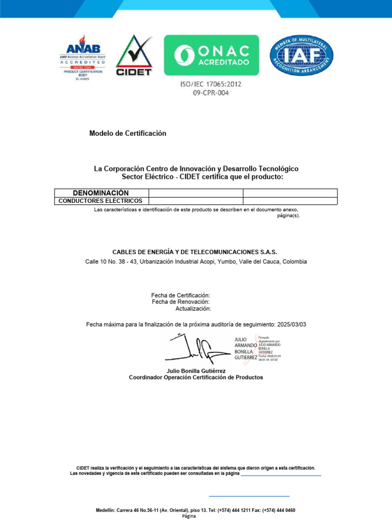 Certificado 06817 - Sintox 0.6-1 KV - NTP Iec 60502-1 Perú | PDF
