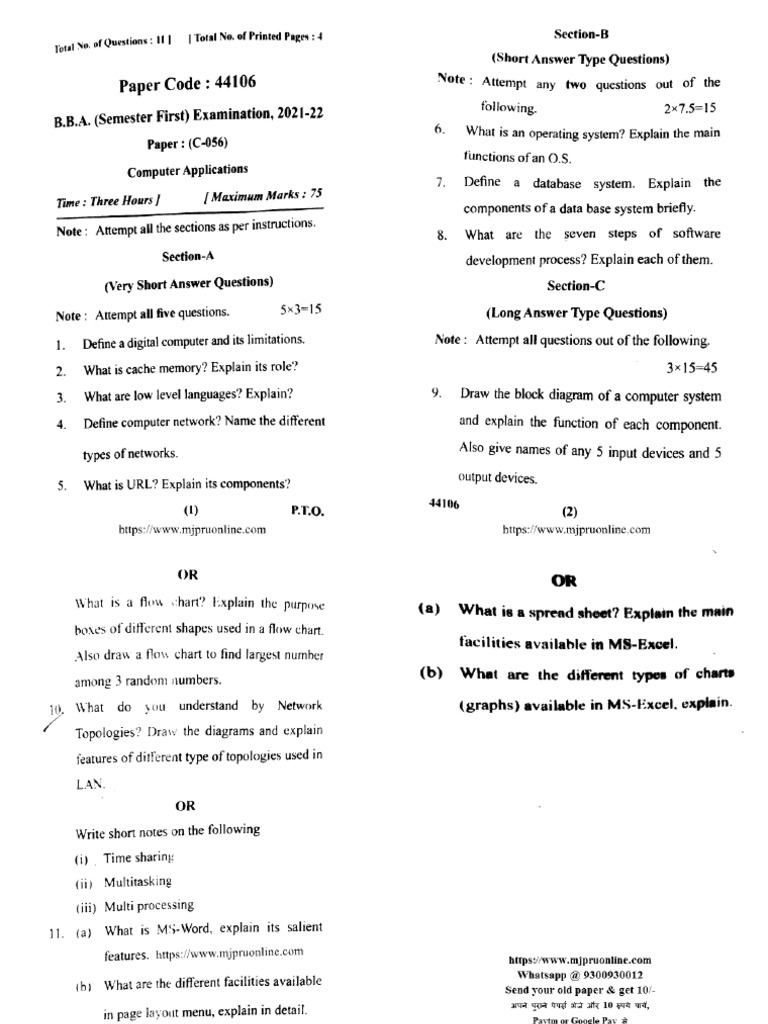 Bba 1 Sem Computer Applications 44106 2022 | PDF