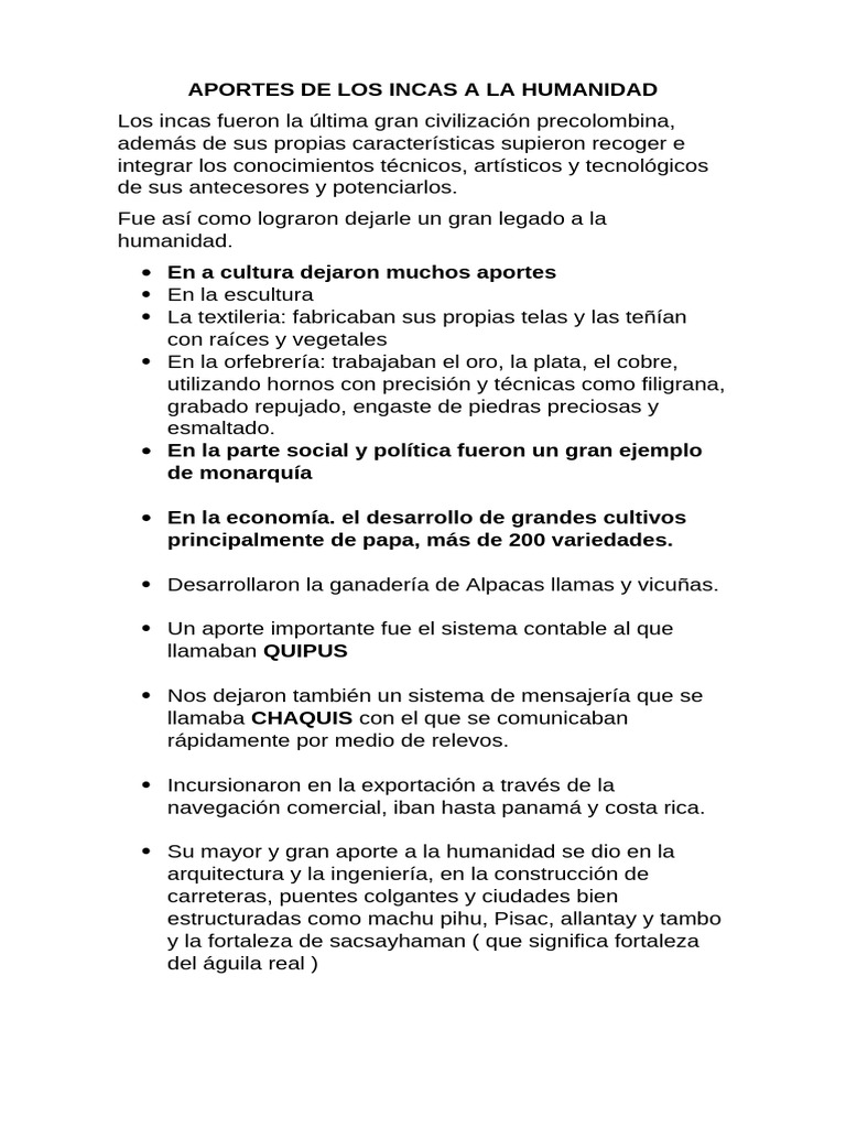 Aportes de Los Incas A La Humanidad | PDF