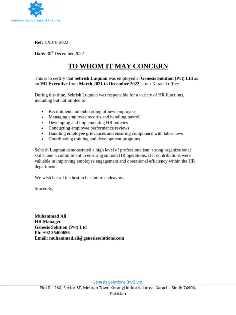 Experience Certificate Sehrish Genesis Solutions | PDF