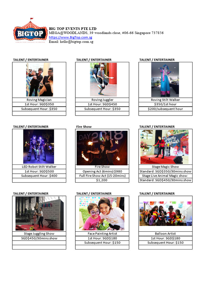 Talents Fringe Activity Price List (Big Top) | PDF