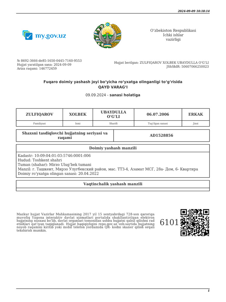 Fuqaro Doimiy Yashash Joyi Bo Yicha Ro Yxatga Olinganligi To G Risida ...