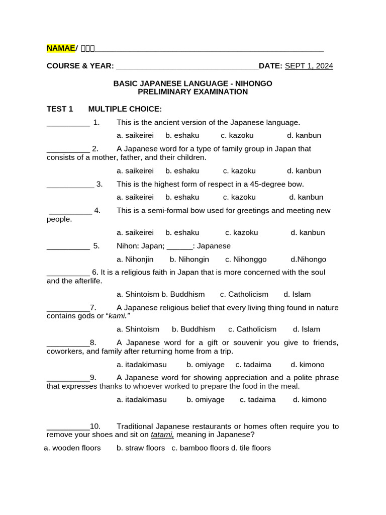 BSM-IV-NIHONGO-Prelim-Exam-Sept-1-2024 2 | PDF | Japanese Language