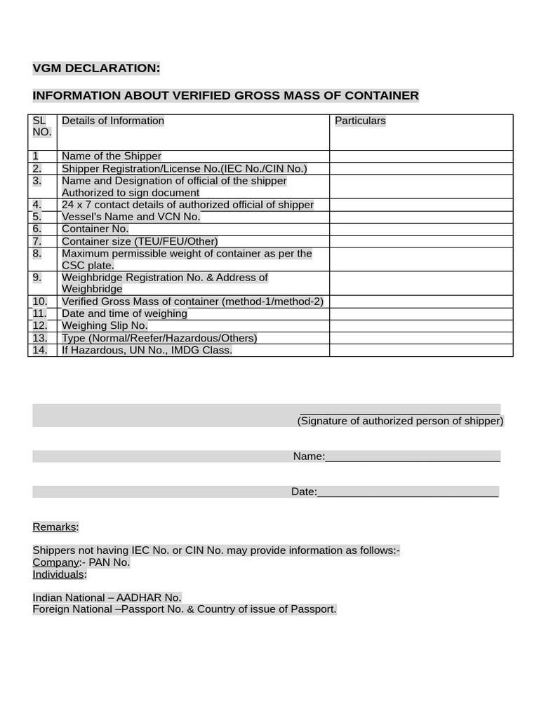 Verified Gross Mass Declaration Form | PDF | Business