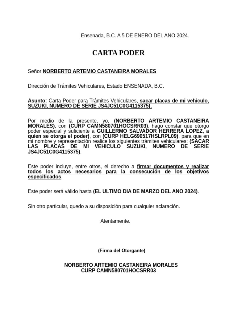 Machote Carta Poder para Tramites Vehiculares | PDF