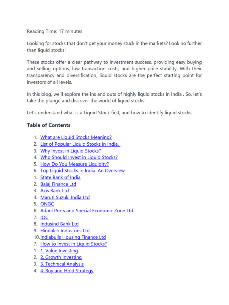 Best Liquid Stocks - List of Top Liquid Intraday Shares For 2024 | PDF