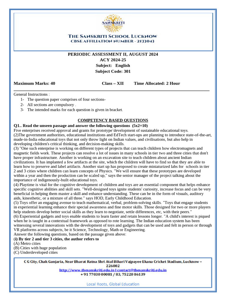 TSSL Periodic Assessment-II QP Subject English Class 12th | PDF