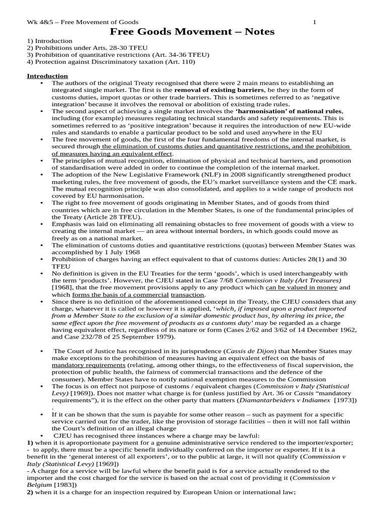 Free Movement of Goods Notes | PDF
