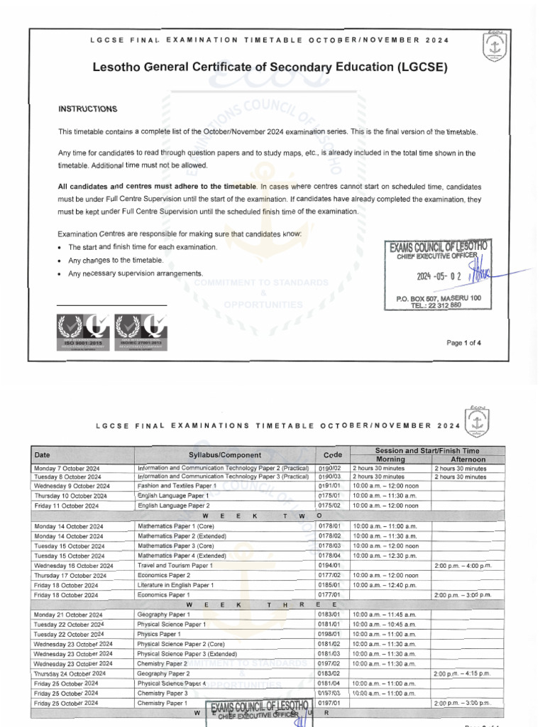 LGCSE Timetable 2024 Iso 9b81beab29 | PDF