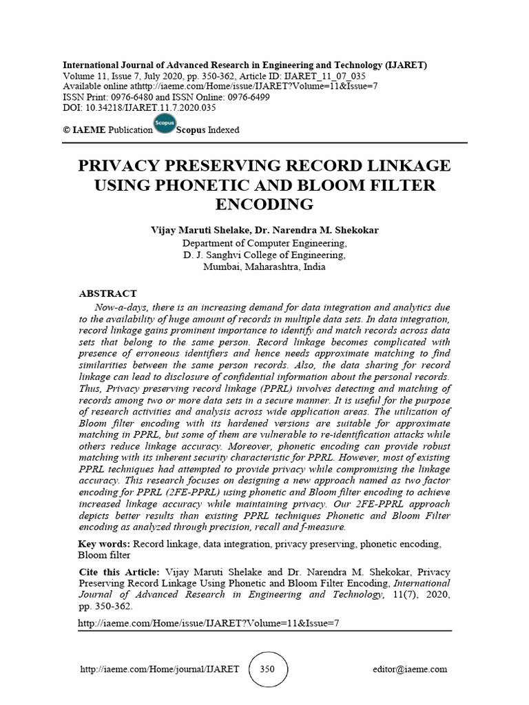 2020-Privacy Preserving Record Linkage Using Phonetic and Bloom Filter Encoding | PDF