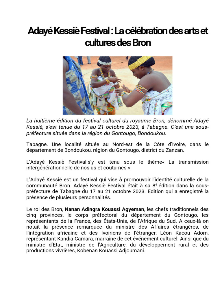 Adayé Kessiè Festival - La Célébration Des Arts Et Cultures Des Bron | PDF