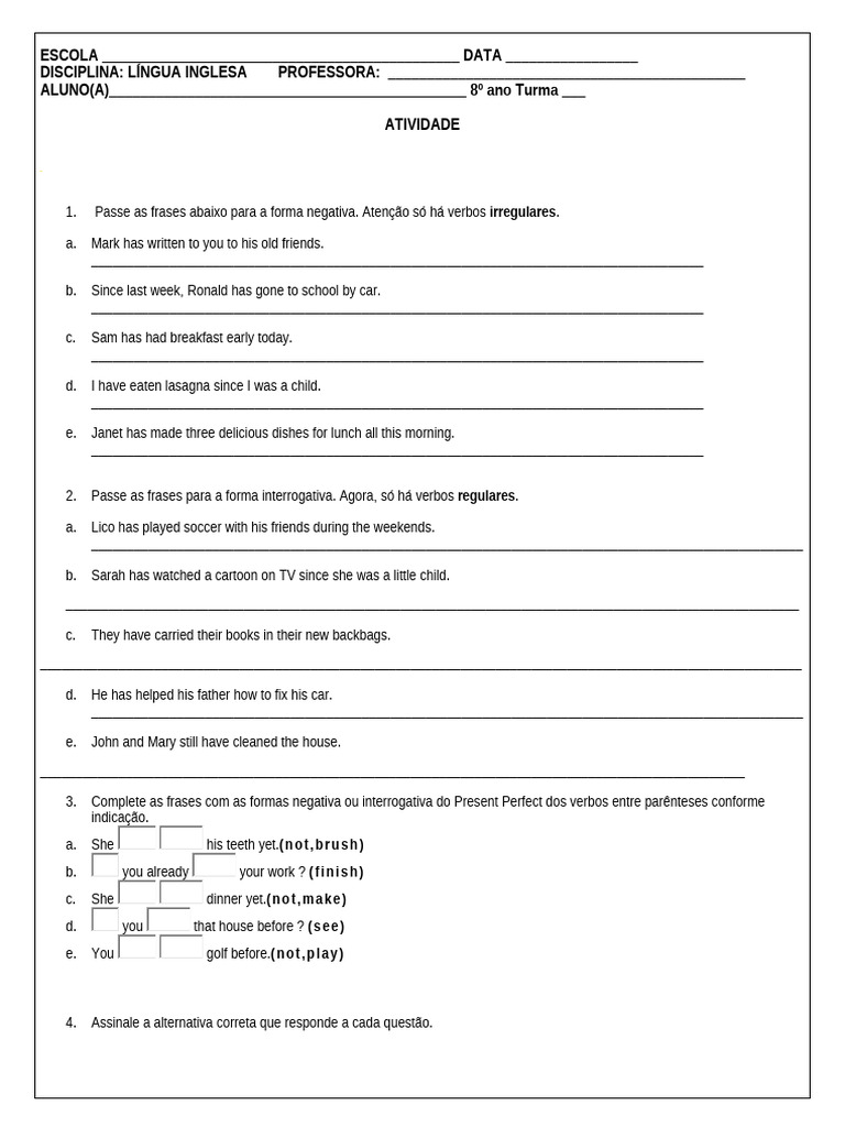Atividades de Present Perfect para 8º Ano | PDF | Carreira e ...