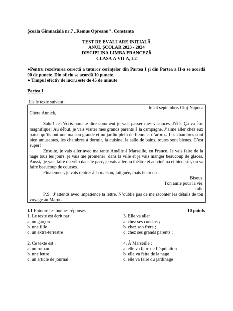 Test Initial Limba Franceza Clasa A VII A l2 | PDF