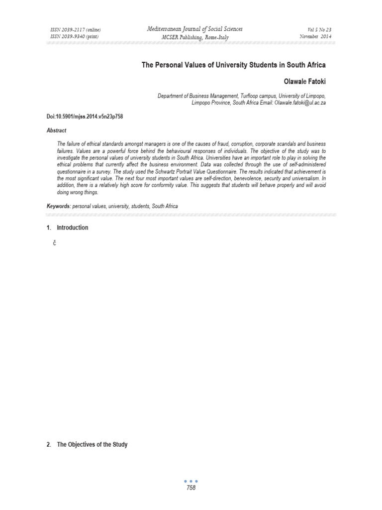 The Personal Values of University Students in Sout | PDF
