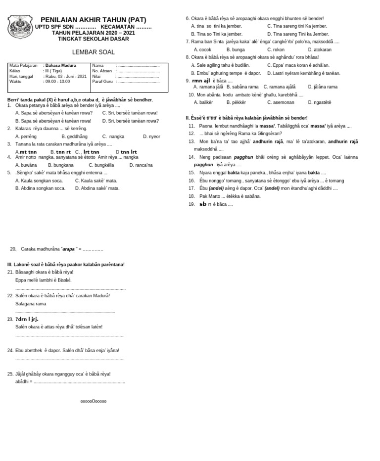 3 - Naskah Soal PAT B. Madura KL III | PDF
