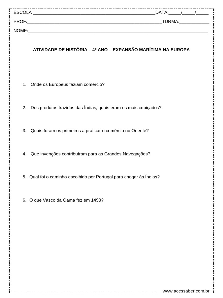 Atividade de Historia Expansao Maritima Europeia 4º Ano Modelo Editavel ...