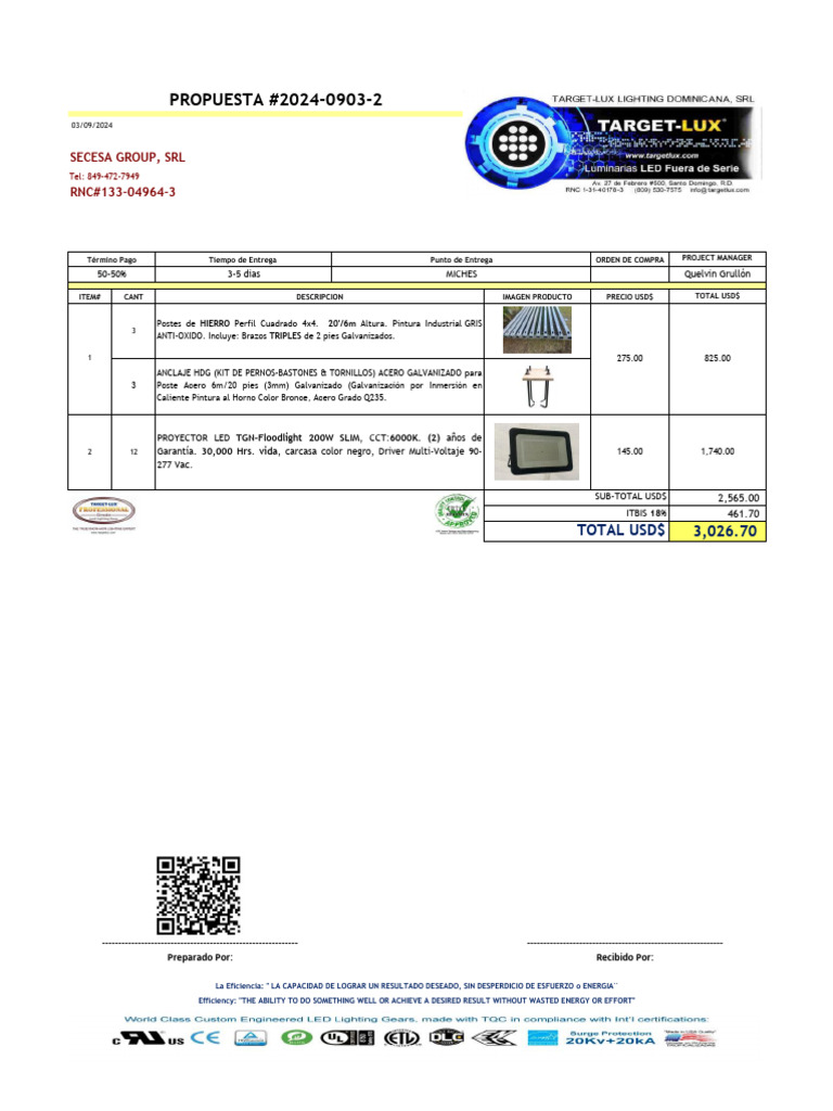2024 Propuesta Target-lux Secesa Group Poste 6m 4x4 Perfil Galv Pernos Galv. Hdg Flood 200w ...