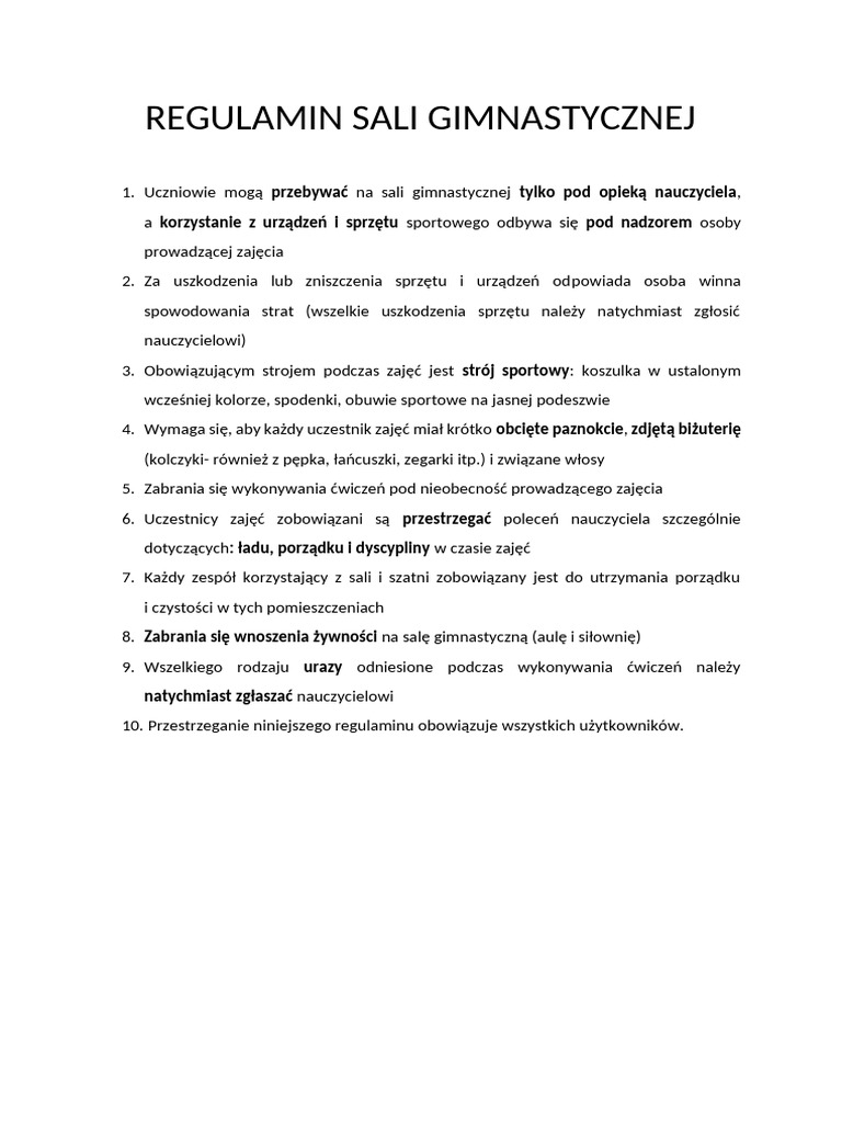 Regulamin Sali Gimnastycznej | PDF