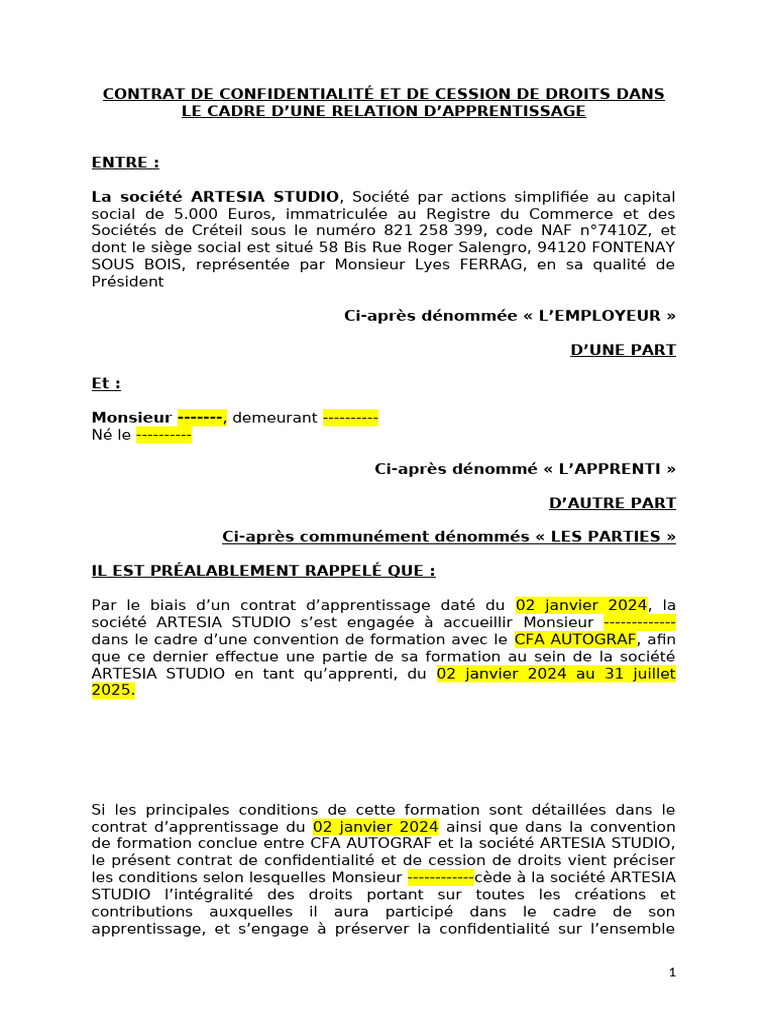 Contrat de Confidentialité Et de Cession de Droits ARTESIA STUDIO ...