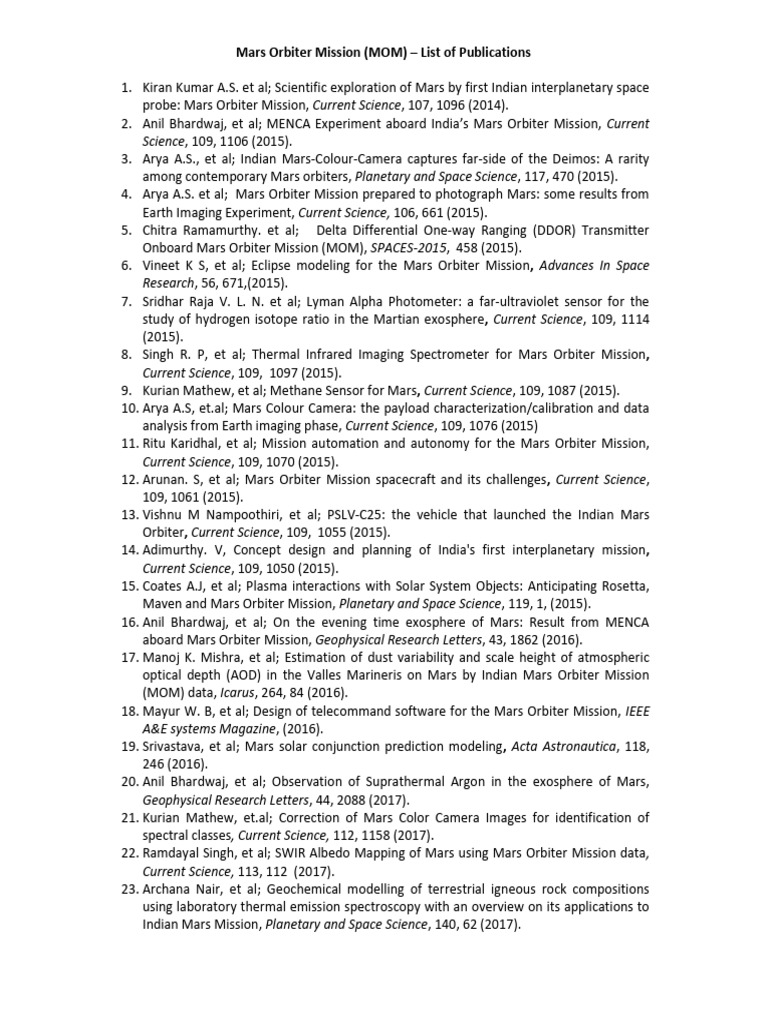 Mars Orbiter Mission Mom - List of Publications-October2020 | PDF