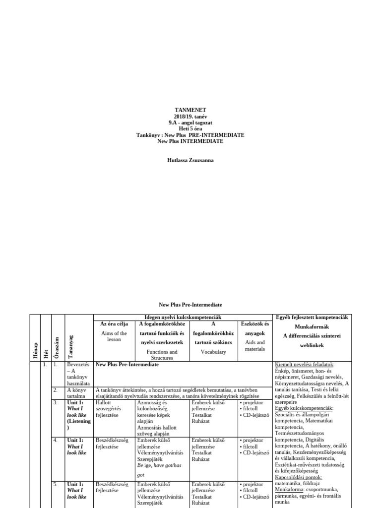9.a Angol Tag. Tanmenet | PDF