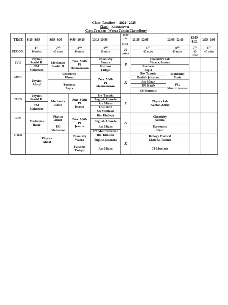 Class Routine 2024-2025 XI-SF | PDF