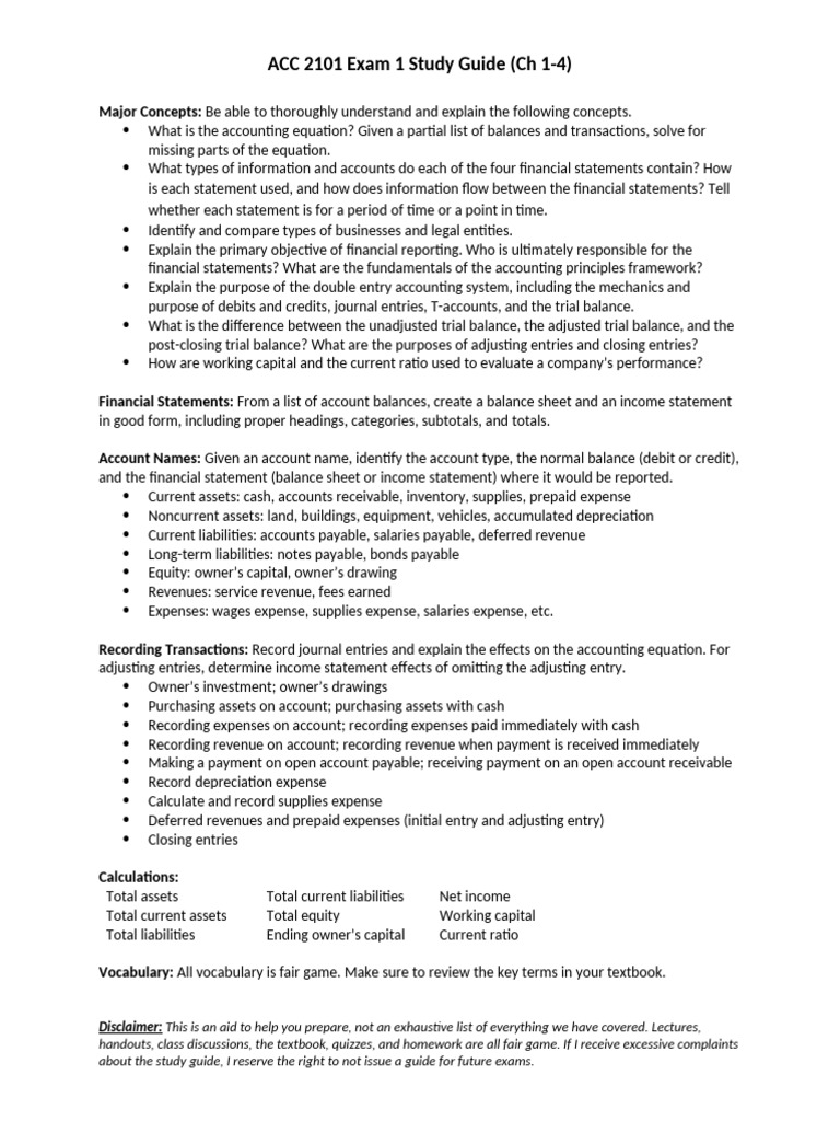 Exam 1 Study Guide CH 1-4 | PDF | Debits And Credits | Expense