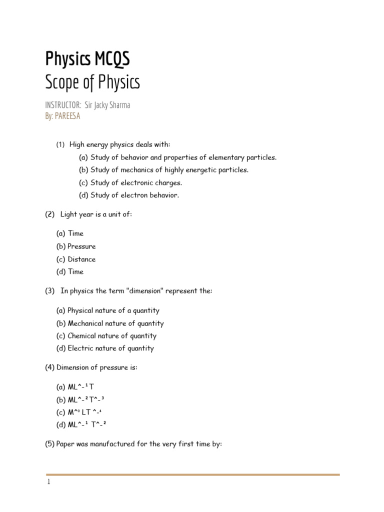 Scope of Physics Mcqs | PDF | Force | Acceleration