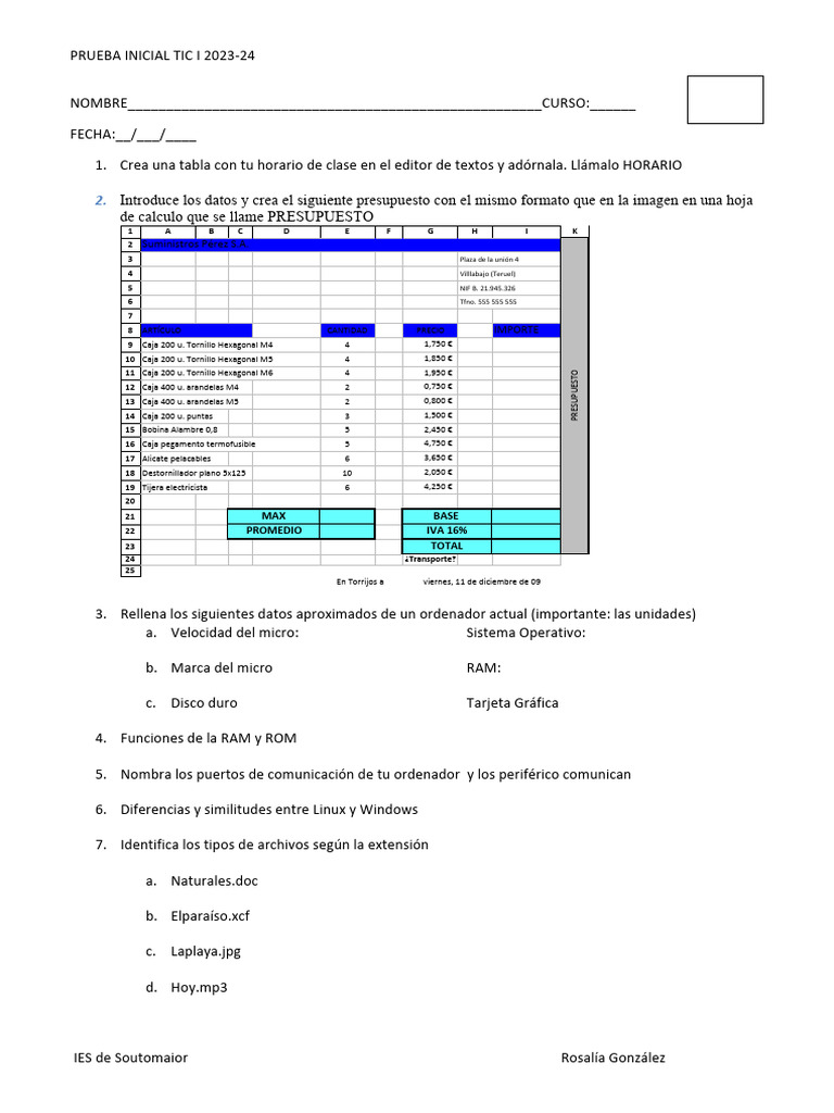 PRUEBA Inicial TIC I 2024-25 | PDF