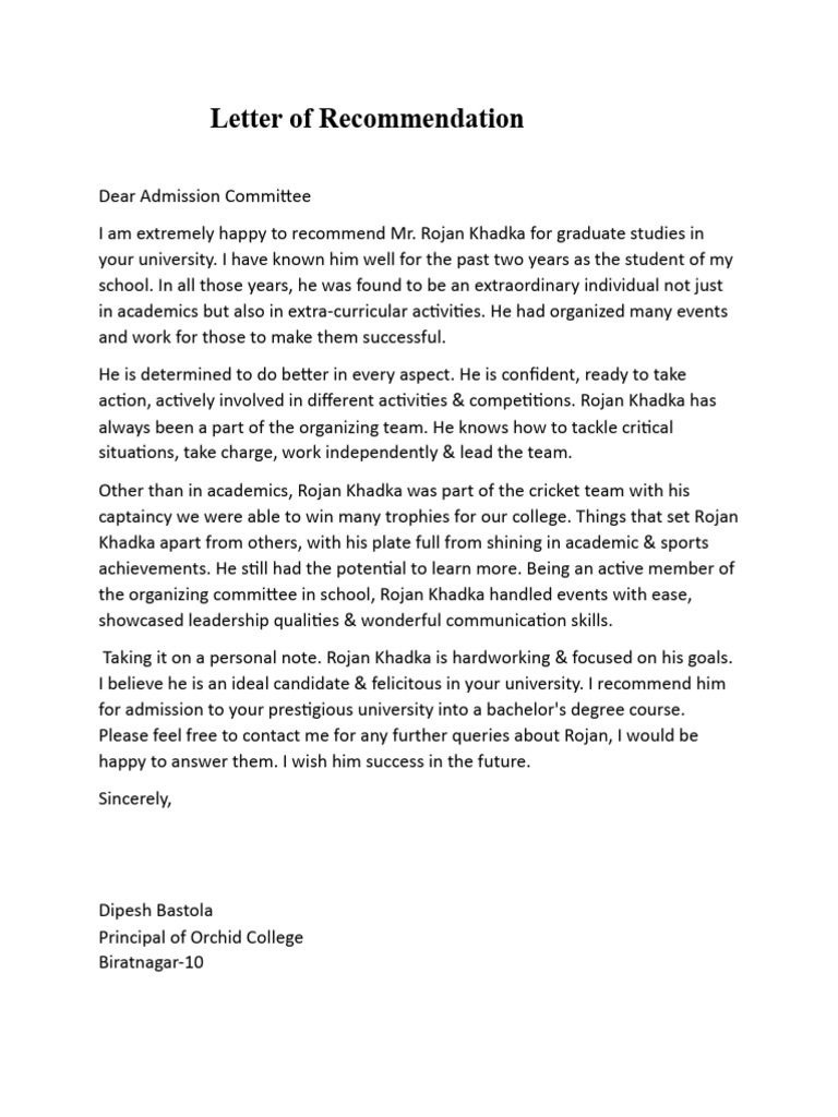 Letter of Recommendation Principal | PDF