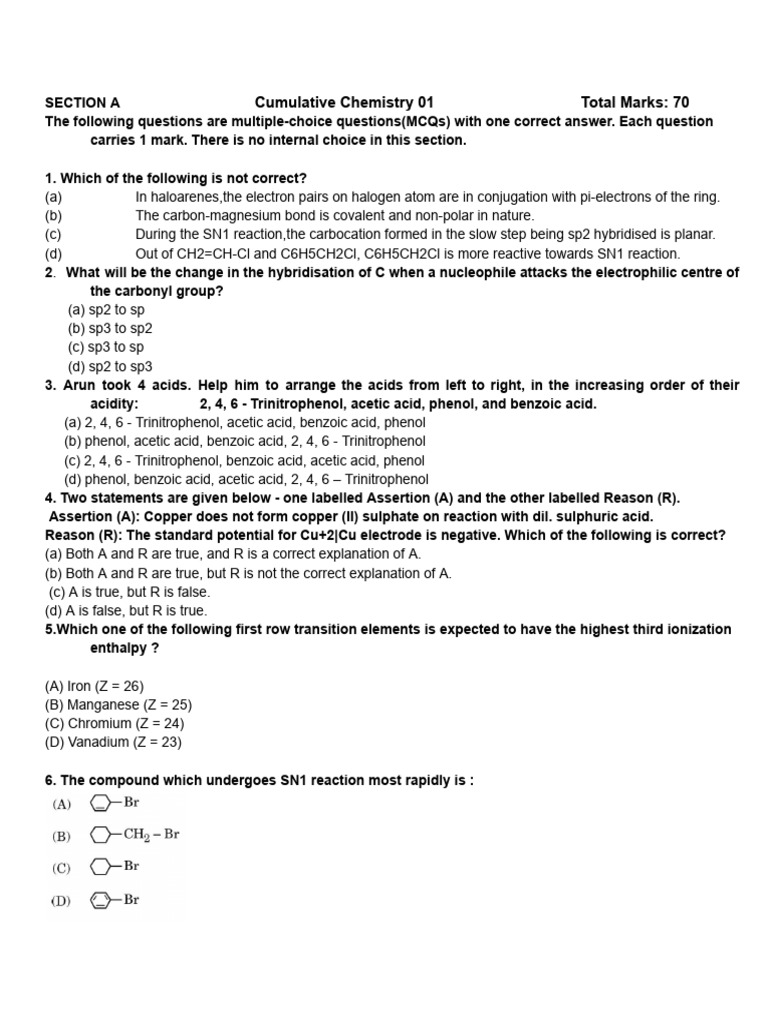 Cumulative Test 12 Board Chemistry | PDF