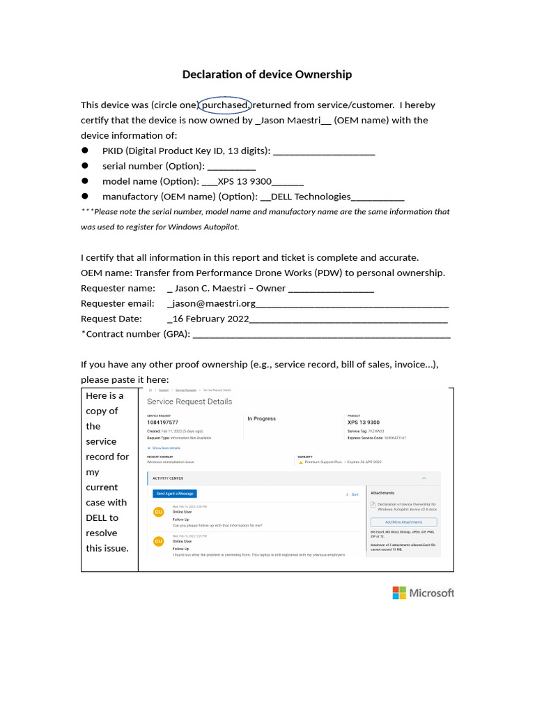 Declaration of Device Ownership For Windows Autopilot Device v2.4 | PDF