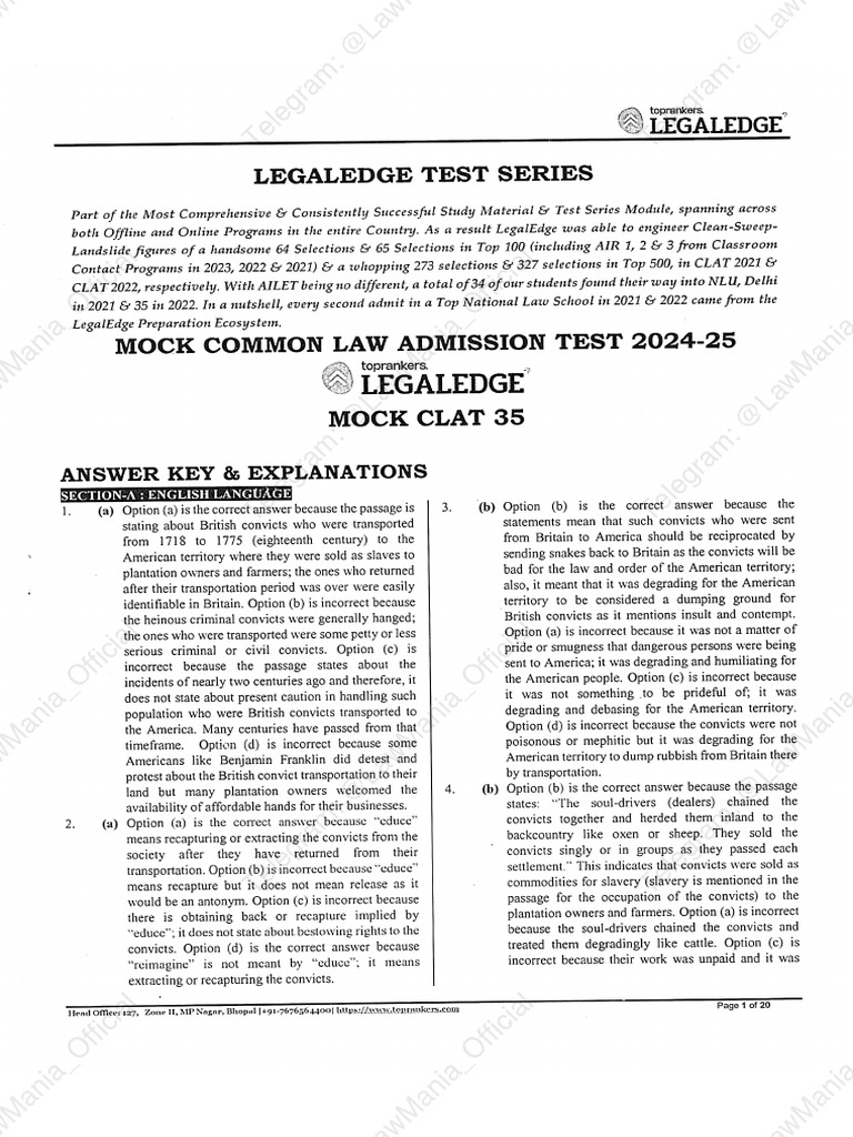 LE Mock CLAT 35 Explanation @LawMania - Official | PDF
