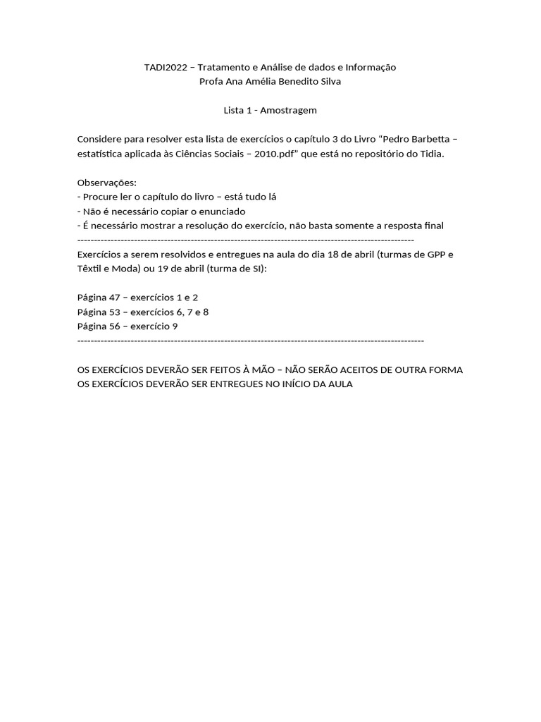 TADI2022+-+Lista+1+-+exercícios+de+amostragem+ Parte1 | PDF