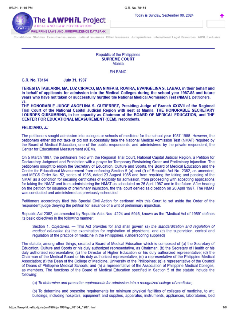 14 Tablarin v. Gutierrez - 152 SCRA 730 (1987) (Establishment of ...